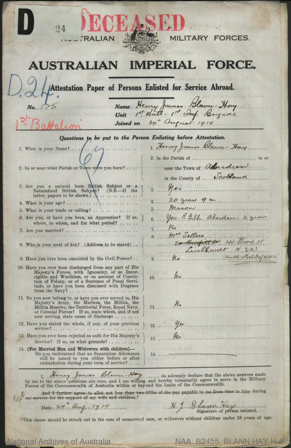 Henry James Blann Hay – Soccer Anzacs