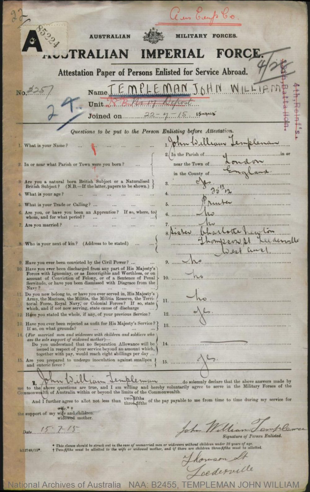 John William Templeman – Soccer Anzacs