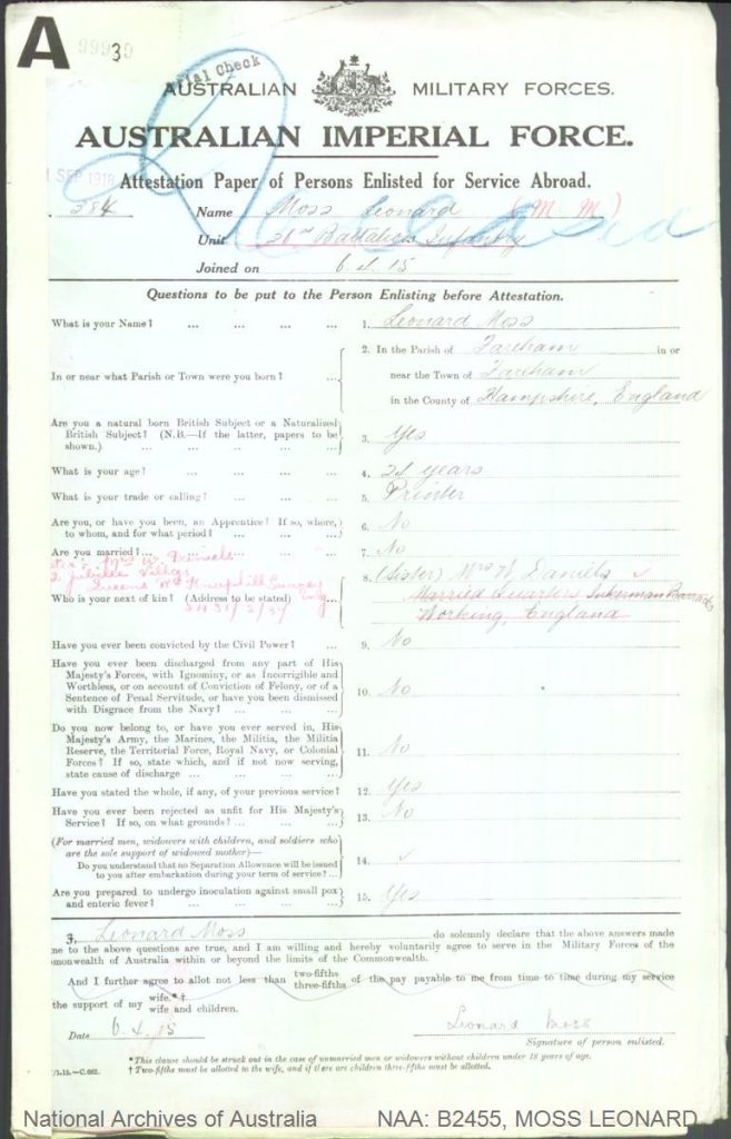 Leonard Moss – Soccer Anzacs